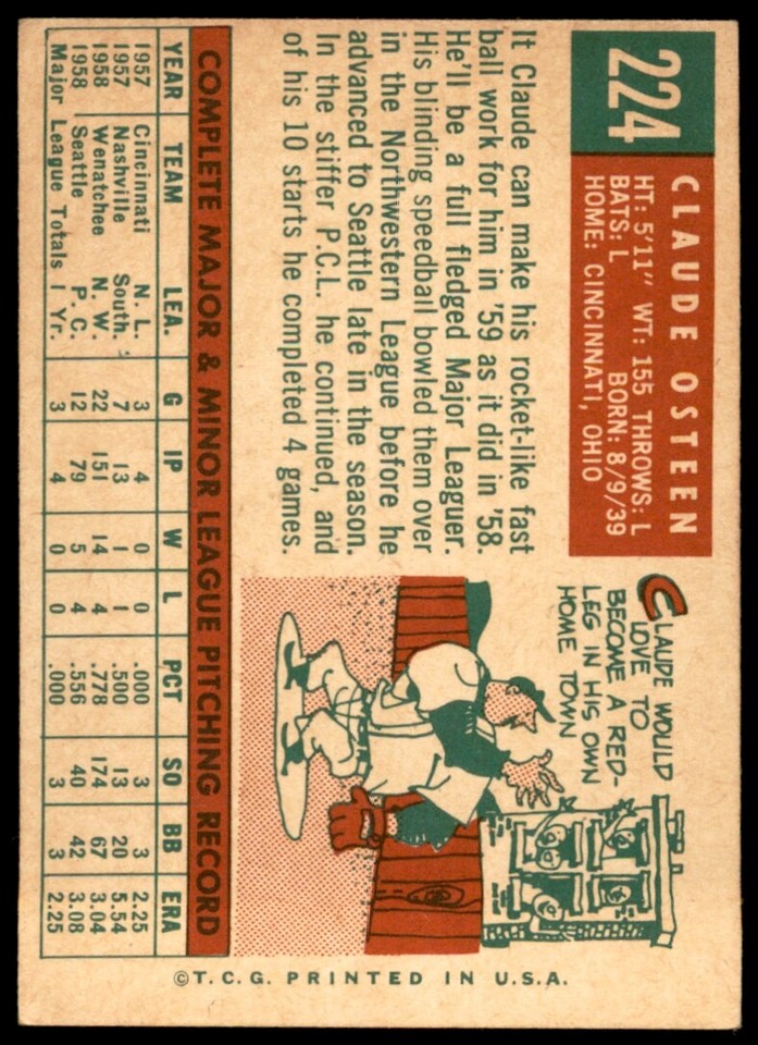 1959 TOPPS CLAUDE OSTEEN 224 EX RC BASEBALL CINCINNATI REDLEGS | eBay