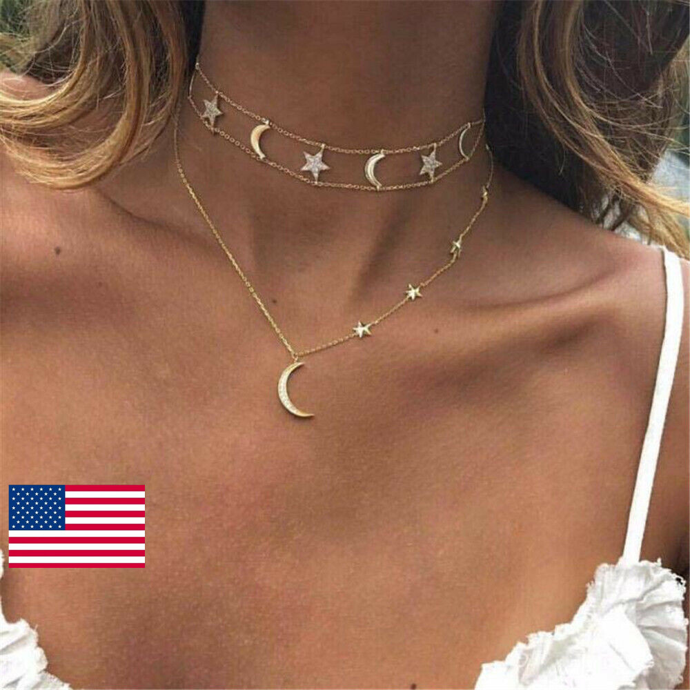 Women Boho Multilayer Choker Pendant Crystal Moon Star Chain Necklace Jewelry US