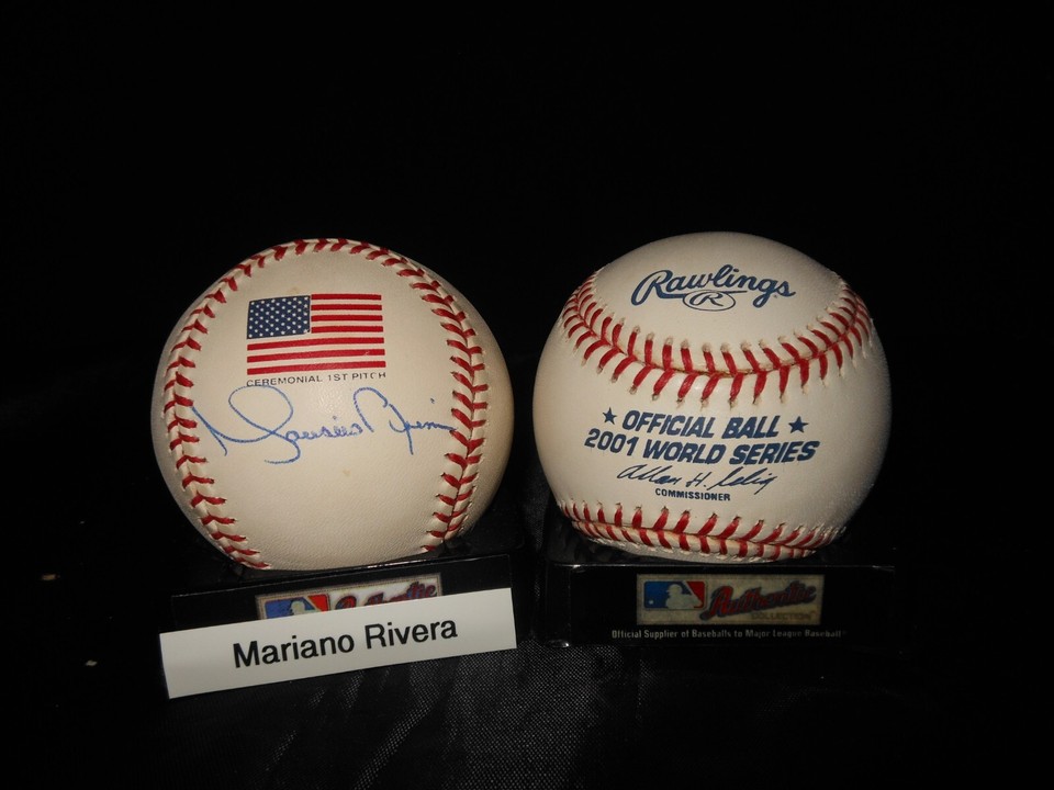 MARIANO RIVERA SIGNED 2001 WORLD SERIES FLAG 1ST PITCH BASEBALL NEW ...