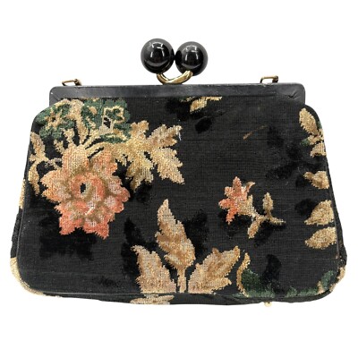 Vintage MM Morris Moskowitz Bag Clutch Black Floral Tapestry Carpet ...