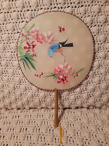 Hand Painted Paddle Hand Fan Bird & Flower Design Silk Screen Wooden ...