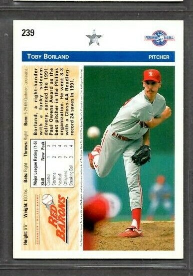 1992 Upper Deck #239 Toby Borland Scranton Red Barons Signed Autograph ...