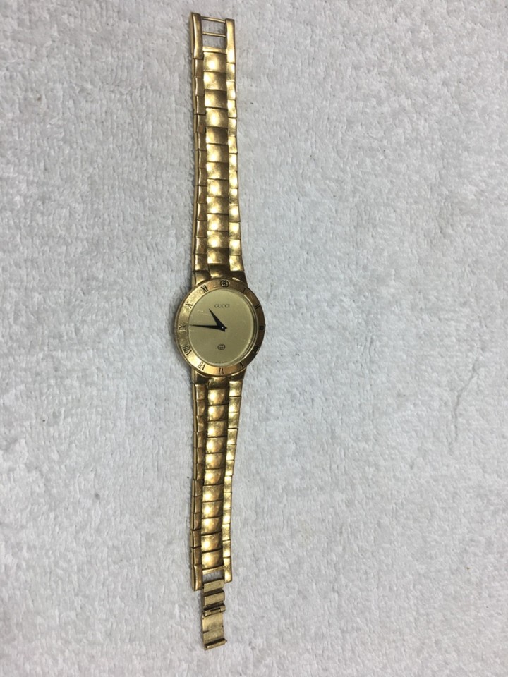 Gucci 3300M Watch Men 33mm Gold Dial Gold Plate New Battery RUN AND ...