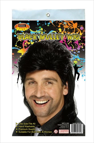 BLACK MULLET HAIR WIG ADULT PARTY Costume MEN 70s 80s ROCK BOGAN FANCY ...