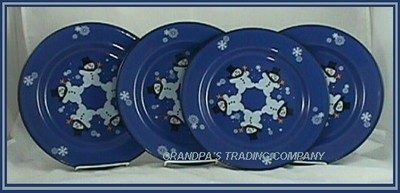 Lot of 4 BLUE Enamelware Snowman 10" Dinner Plates Snowmen NEW ...