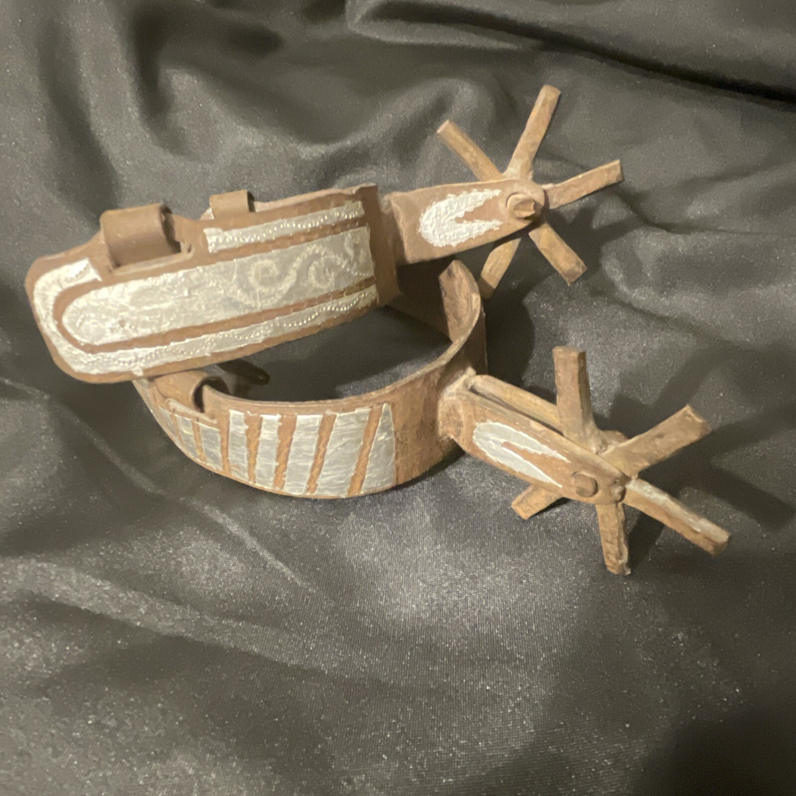 SET of Old Antique SILVER INLAY Metal Mexican BOOT SPURS Western Cowboy ...