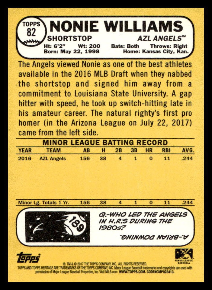 2017 Topps Heritage Minor League Nonie Williams 82 AZL Angels | eBay
