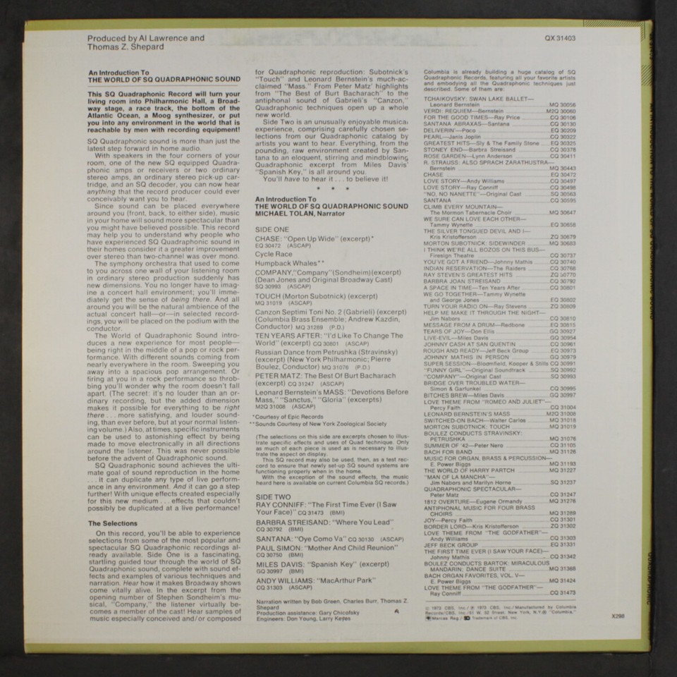 VARIOUS: an introduction to the world of quadraphonic sound COLUMBIA 12 ...