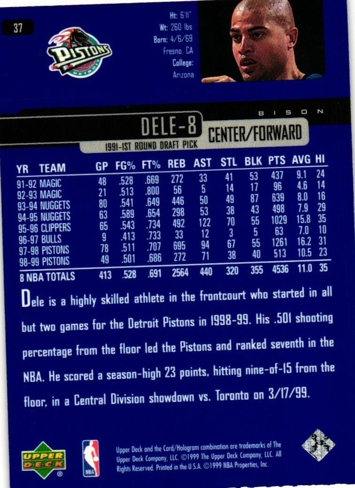 1999-00 UPPER DECK BASKETBALL BISON DELE #37 CARD $0.99 VALUE BOX | eBay