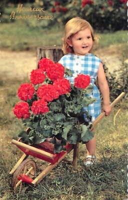 Children portraits & scenes cute girl floral barrow greetings postcard ...