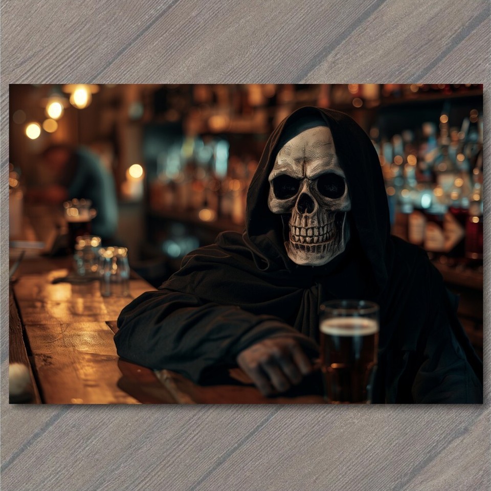 4x6" Grim Reaper Drinking Beer Bar Death Colorful Unusual Skeleton ...