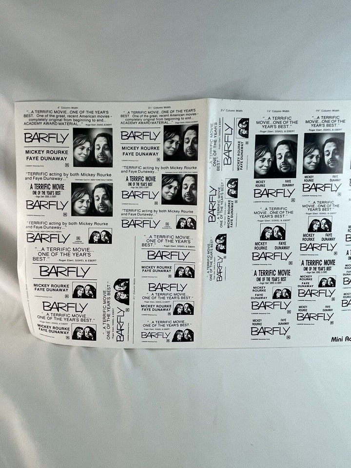 BARFLY Movie Mini Ad Sheet VTG Promo Advertising Poster Clip Art Mickey ...