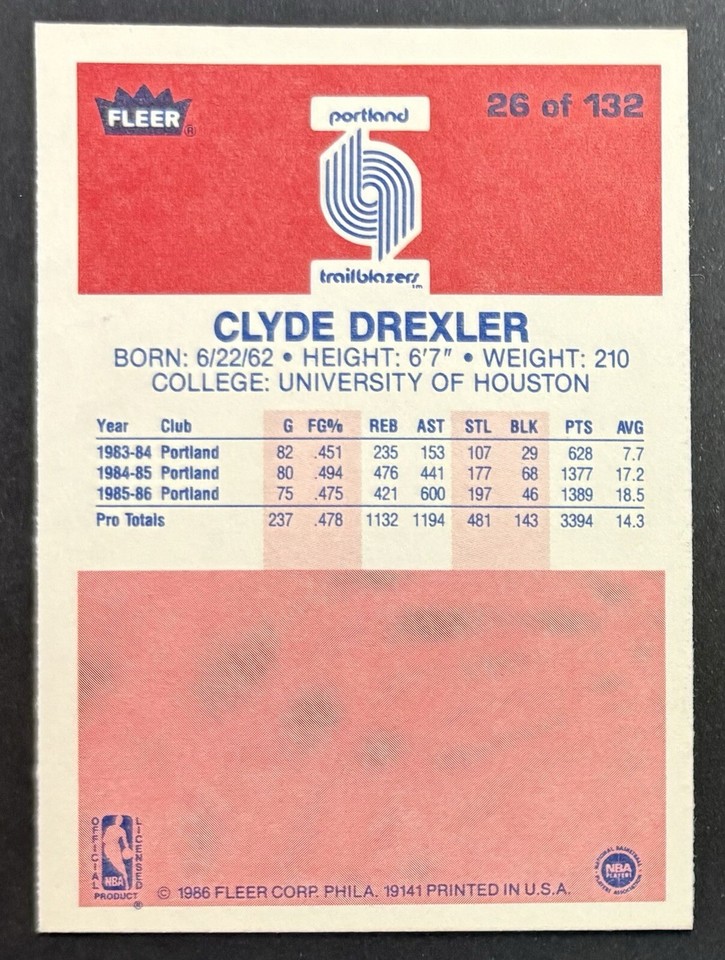 1986-87 Fleer Clyde Drexler RC Rookie #26 Portland Trailblazers NBA ...