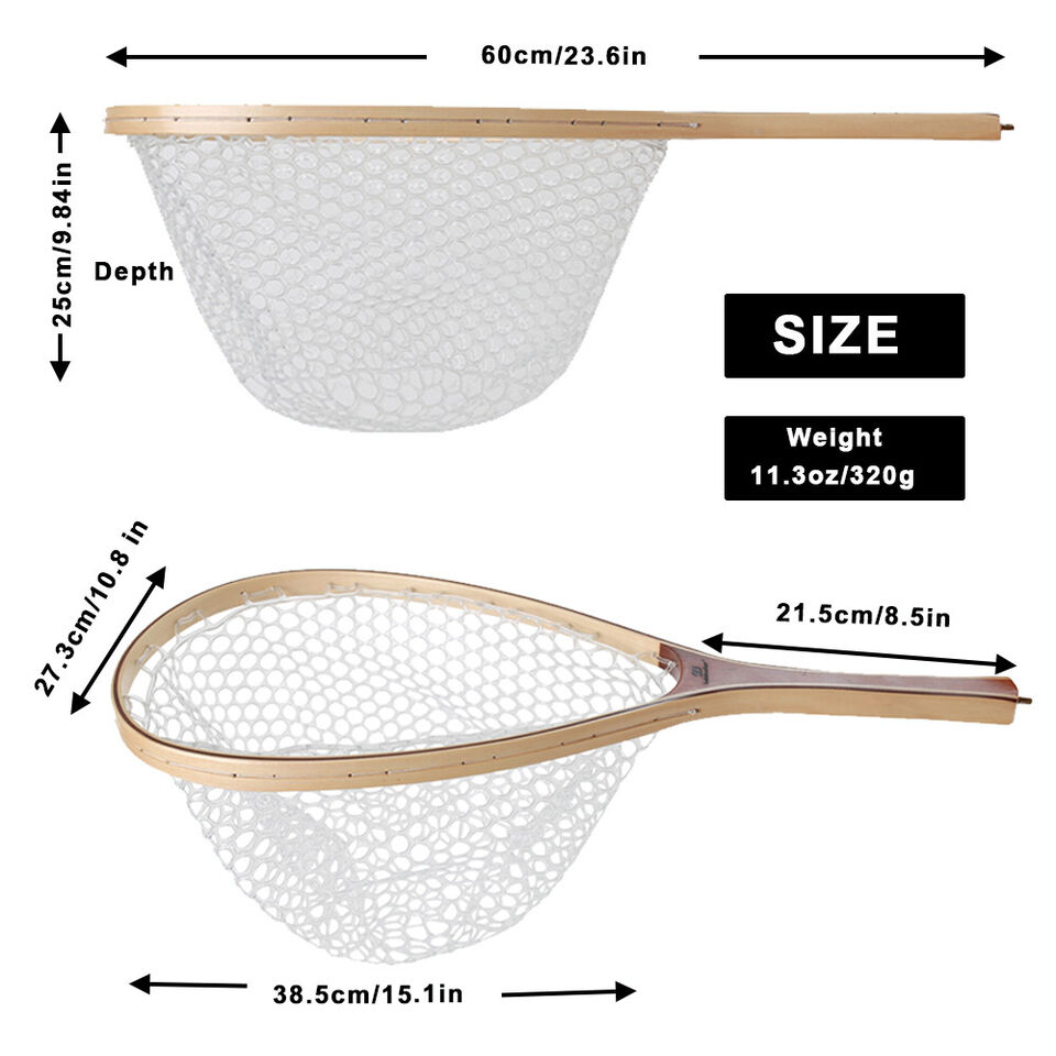 Fishing Landing Net Wooden Frame Trout Fishing Net Soft Rubber Mesh for ...