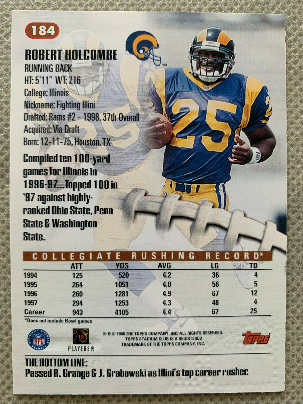 1998 Topps Stadium Club Draft Pick Rookie ~ ROBERT HOLCOMBE #184 ~ Rams ...