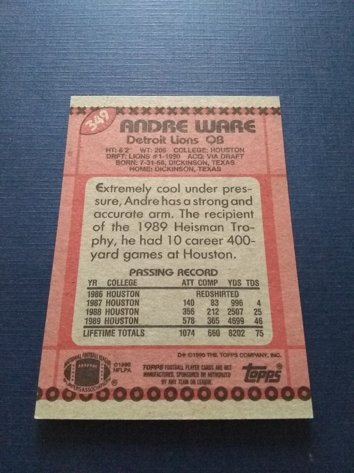 1990 Topps Football Andre Ware Rookie Card #349 Set Break NM-MT | eBay