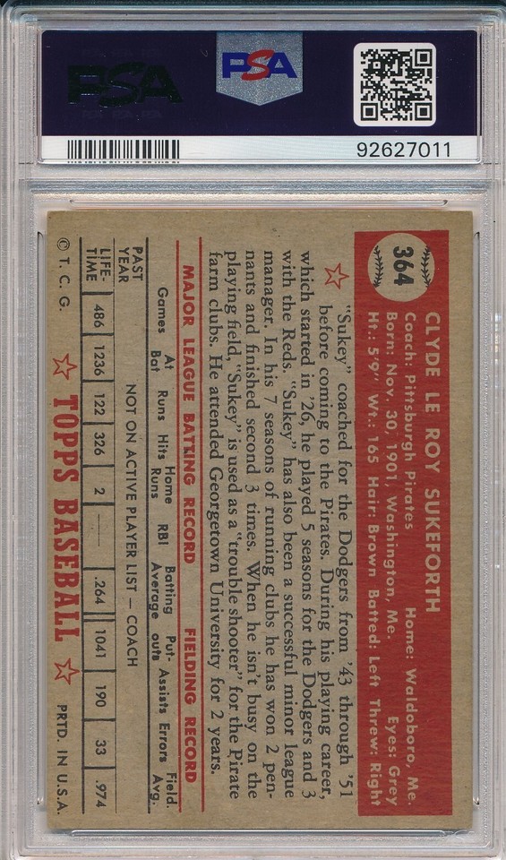 1952 TOPPS #364 CLYDE SUKEFORTH - PSA 3 VG (SVSC) HIGH #! FRESHLY ...