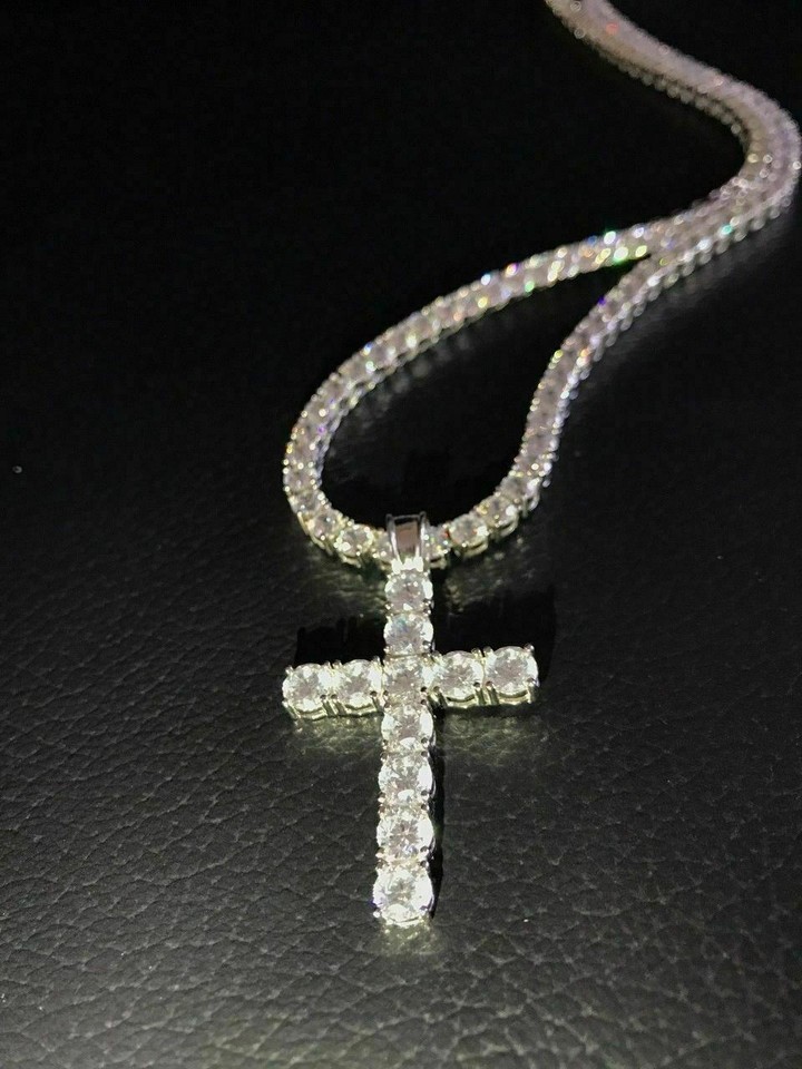 4mm Single Row Tennis Chain W. Cross Solid 925 Sterling Silver CZ ...