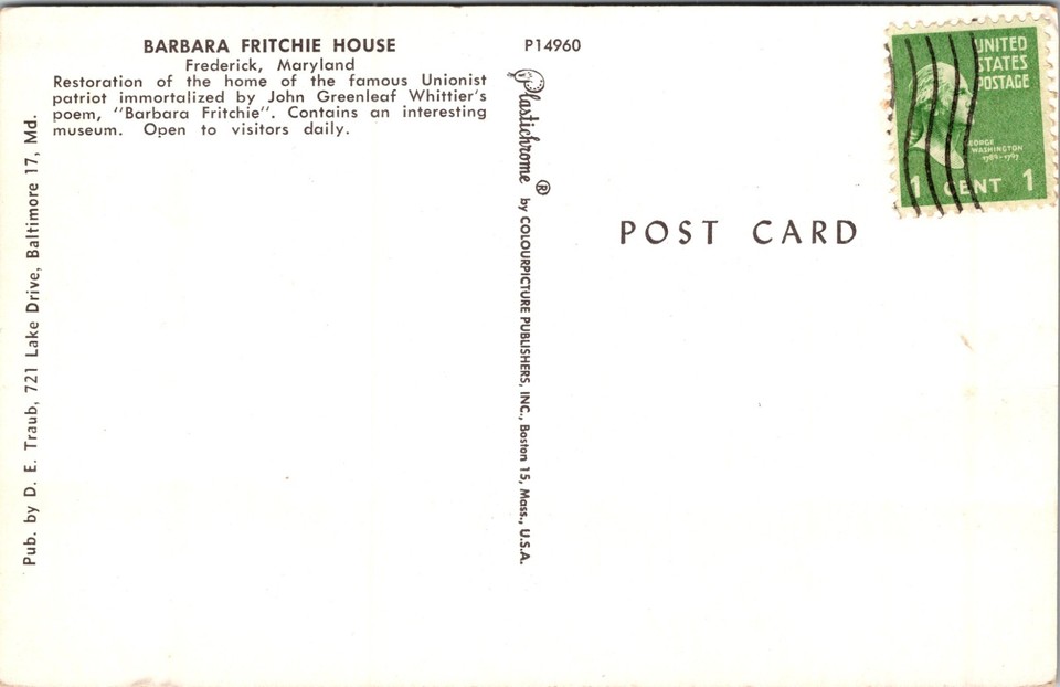 Postcard Frederick Maryland Barbara Fritchie House John Greenleaf ...