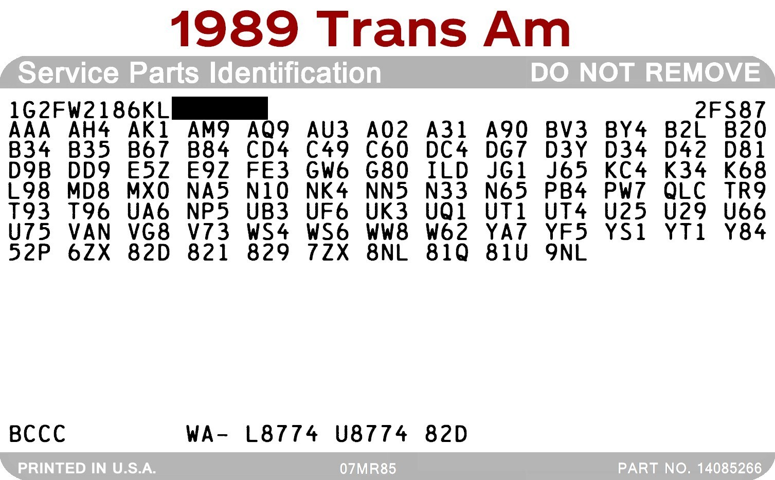 Reproduction RPO Decal for 1989 Pontiac Trans Am - Missing or ...