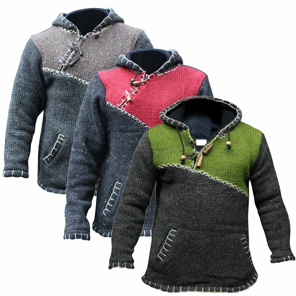 Men's Cross Zipped Fleece Lined Pullover Hippy Boho Festival Woollen ...