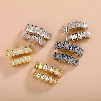 Bling Punk Fake Grills Iced Out CZ Gold Vampire Teeth Grillz for ...