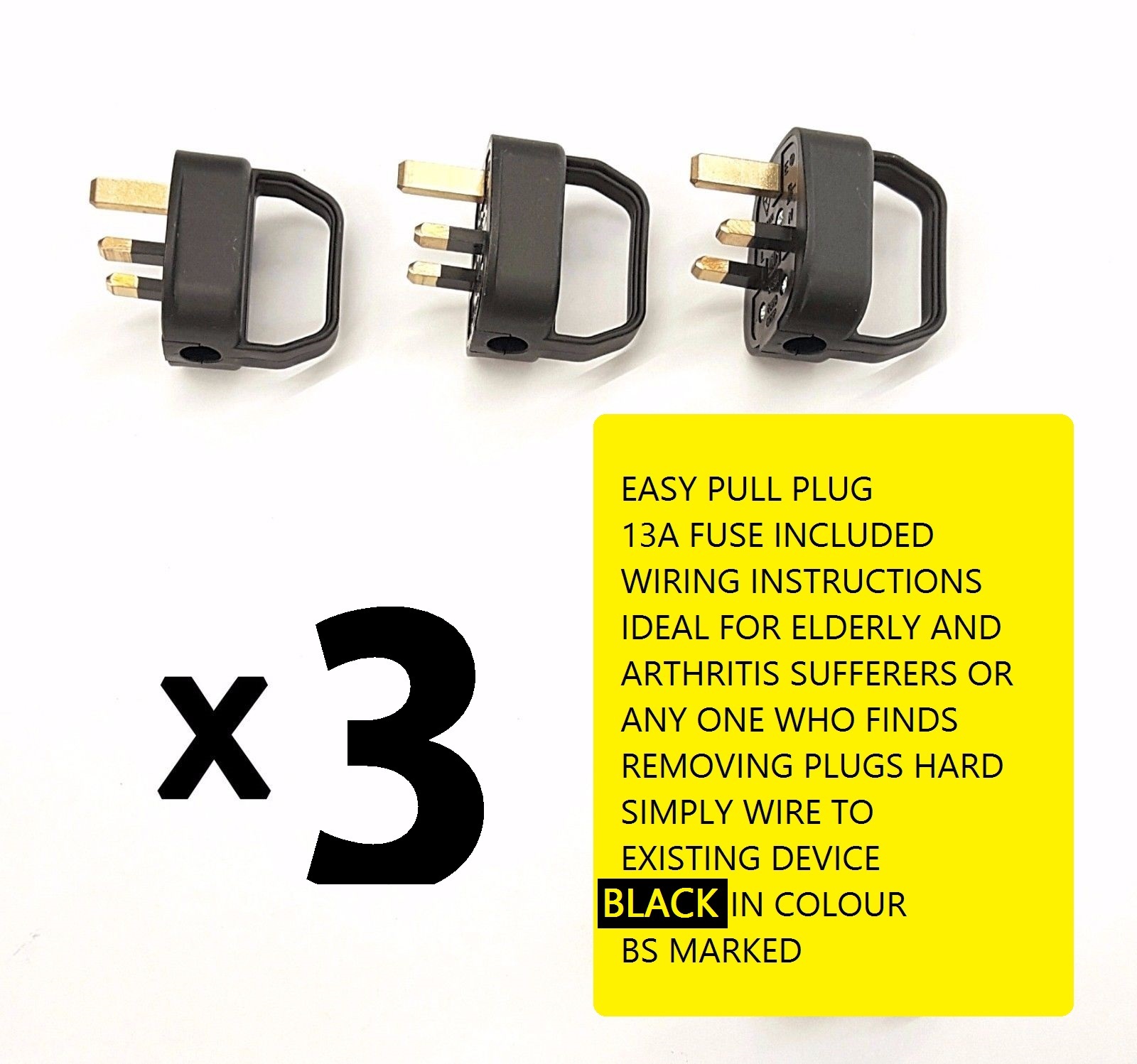3x BLACK Easy Pull 13A Plugs Handle Arthritis Mobility Disability Aid ...
