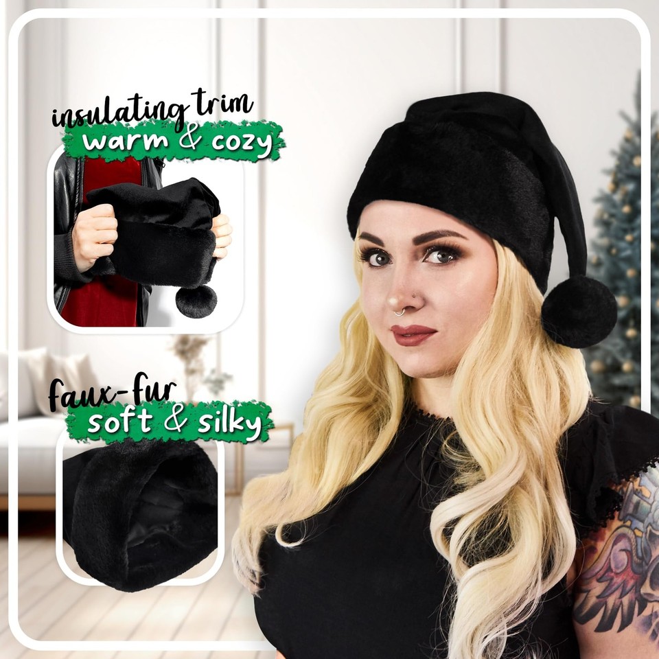Hexonomy All Black Santa Hat - Black Furry Trim, Faux Fur - Gothic Xmas, Spoo... | eBay