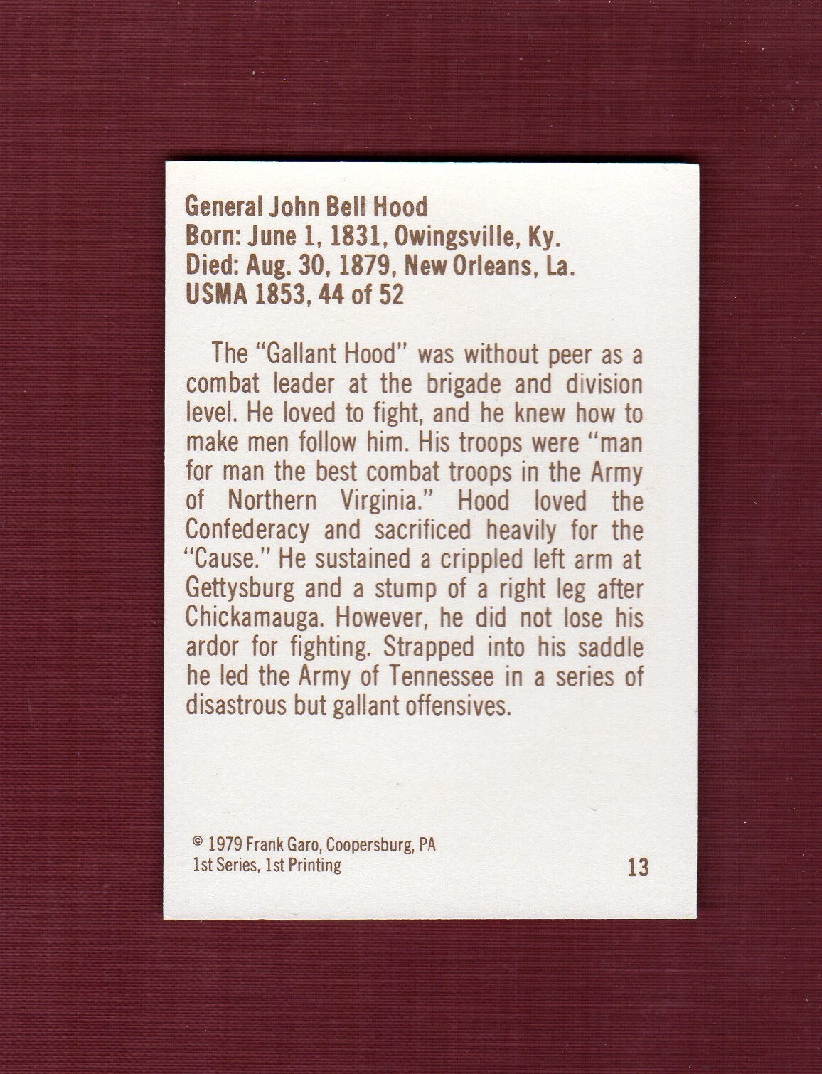 #13 GENERAL John Bell Hood, CSA ~ 1979 Famous Civil War Generals A | eBay