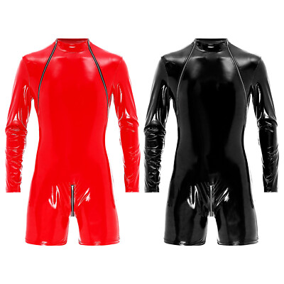 Men's One Piece Jumpsuits Wetlook Faux Leather Unitards Latex Catsuit ...