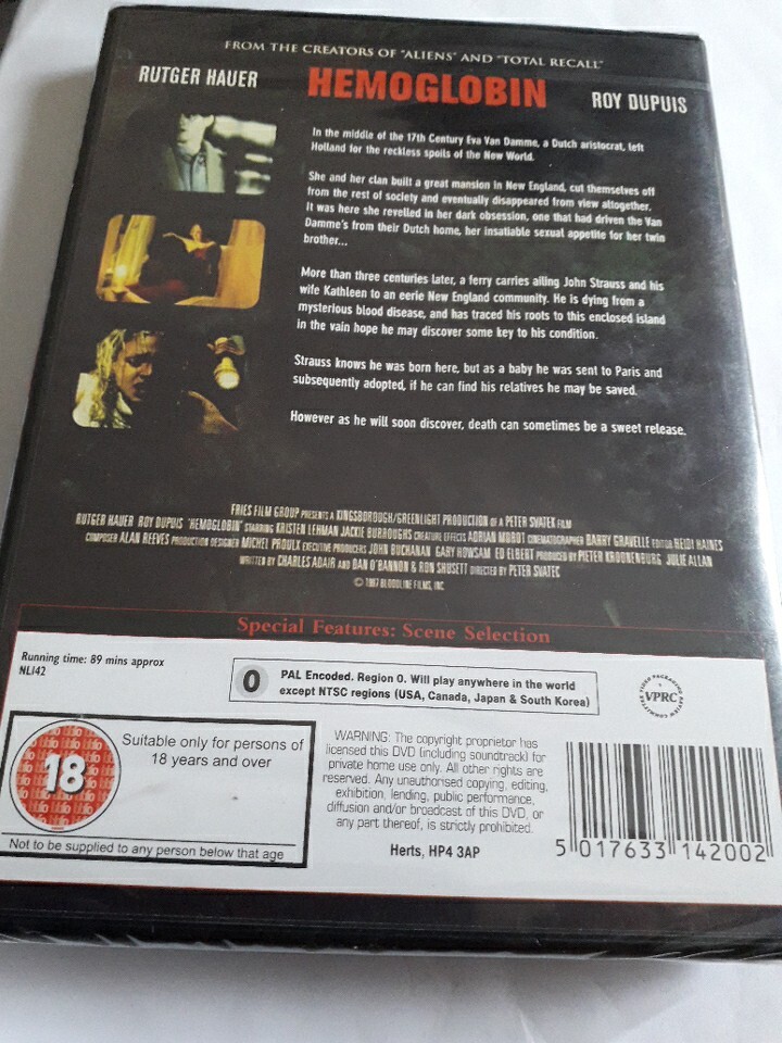 HEMOGLOBIN DVD NEW SEALED RUTGER HAUER ROY DUPUS 1997 FILM ALL REGIONS ...