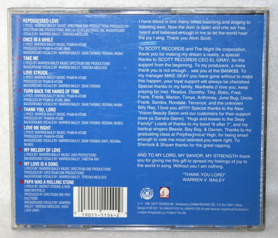 WARREN BAILEY S/T Self Titled CD 1992 Ichiban Records MODERN SOUL R&B ...