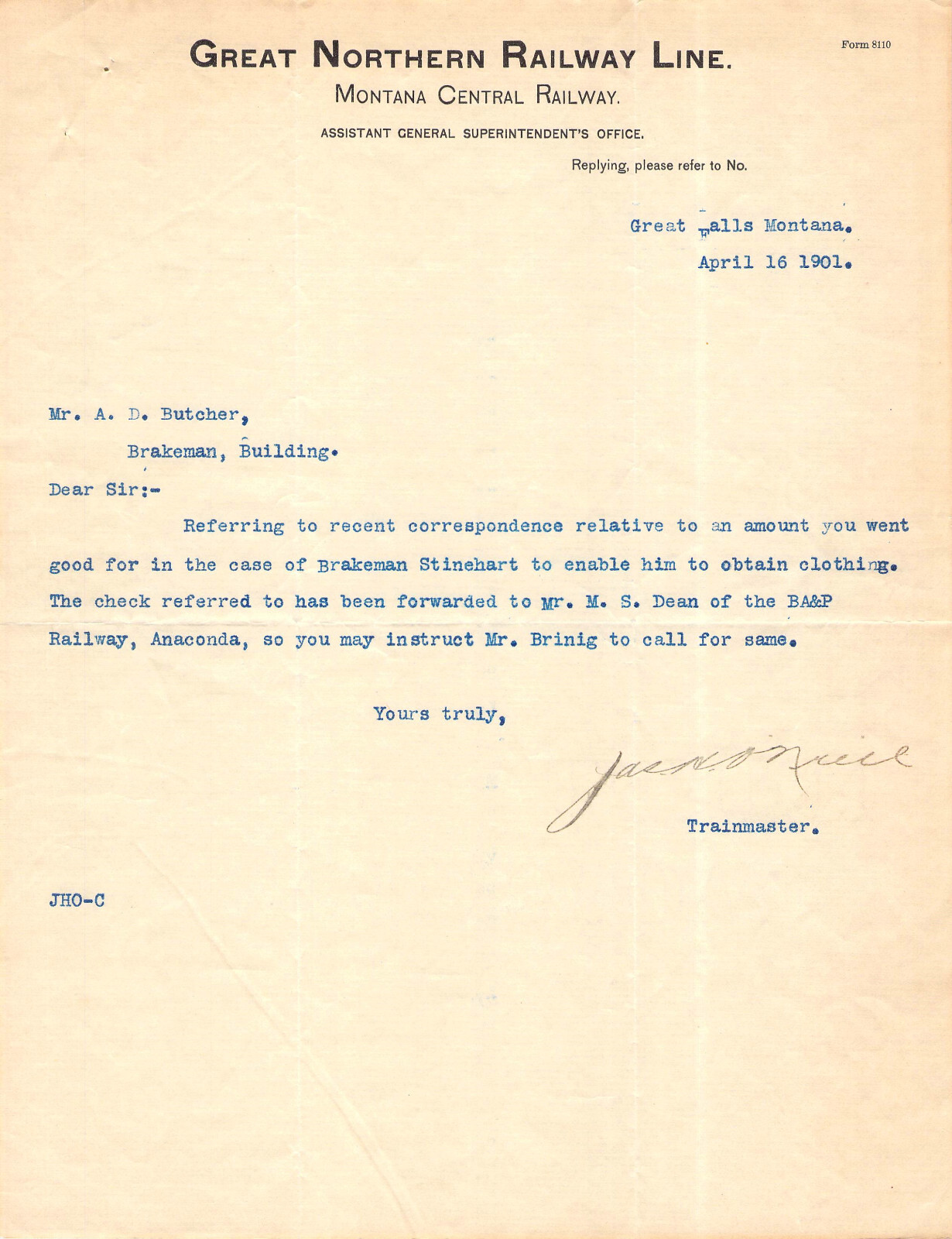 GREAT NORTHERN GREAT FALLS MONTANA CENTRAL RAILWAY MONEY FOR BRAKEMAN ...