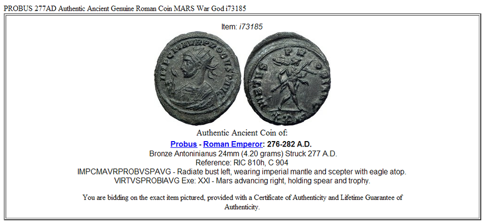 PROBUS 277AD Authentic Ancient Genuine Roman Coin MARS War God i73185 ...