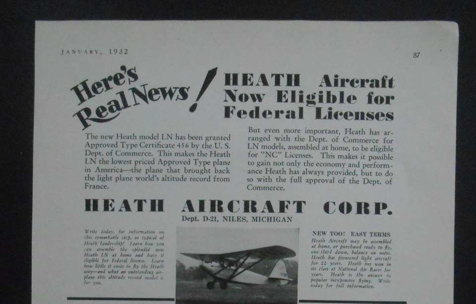 1932 Heath Aircraft Airplane AD model LN Oklahoma Military Academy ...