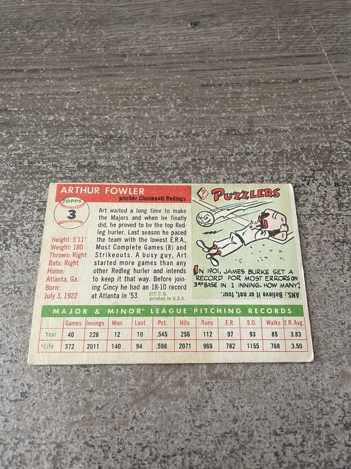 1955 TOPPS BASEBALL #3 ART FOWLER CINCINNATI REDS ROOKIE CARD VG/EX | eBay
