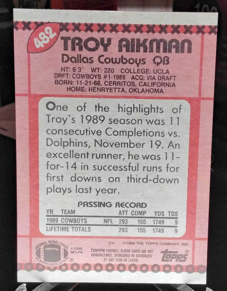 TROY AIKMAN 1990 TOPPS FOOTBALL #482 SUPER ROOKIE RC ROOKIE DALLAS ...