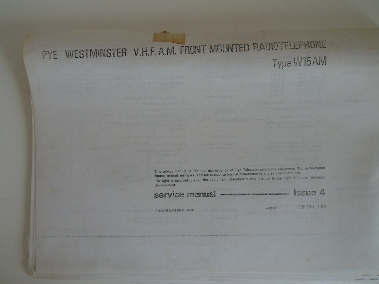 PYE WESTMINSTER RADIOTELEPHONE (SERVICE MANUAL ONLY).......RADIO_TRADER ...