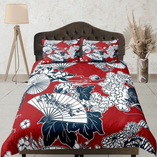 Red Duvet Cover Set Oriental Fan Asian Style Bedspread, Dorm Bedding ...