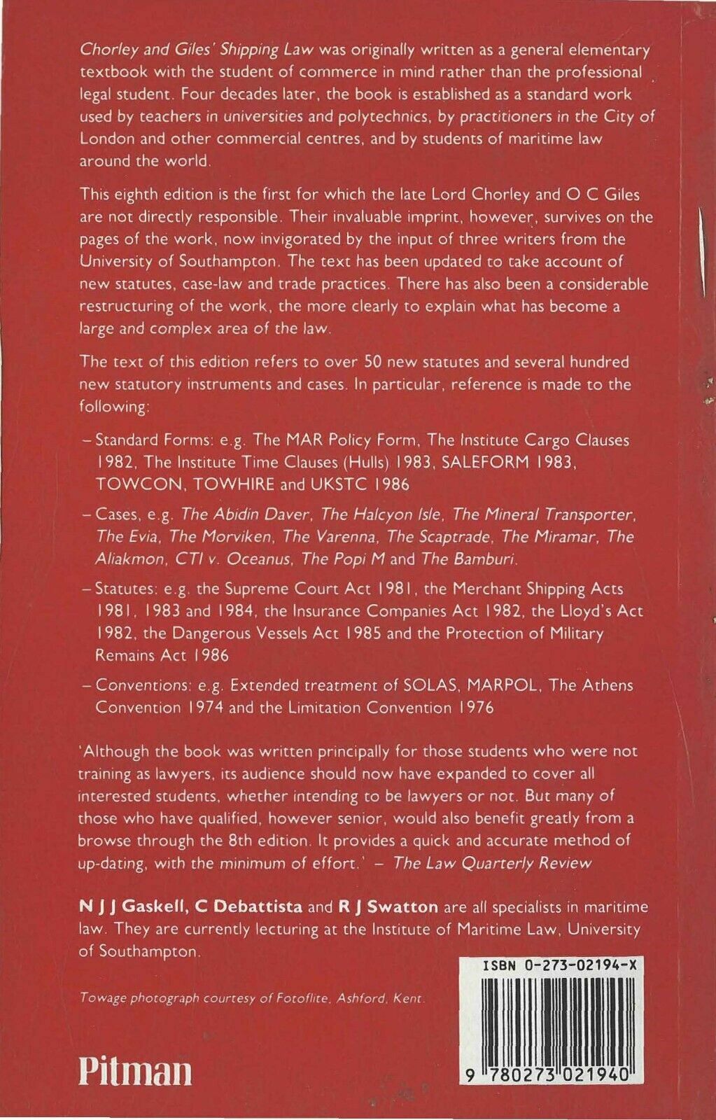 Chorley And Giles Shipping Law by C. Debattista, N.J.J. Gaskell, R.J ...