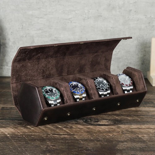 Genuine Leather 4 Slots Watch Roll Display Case Retro Watches Travel ...