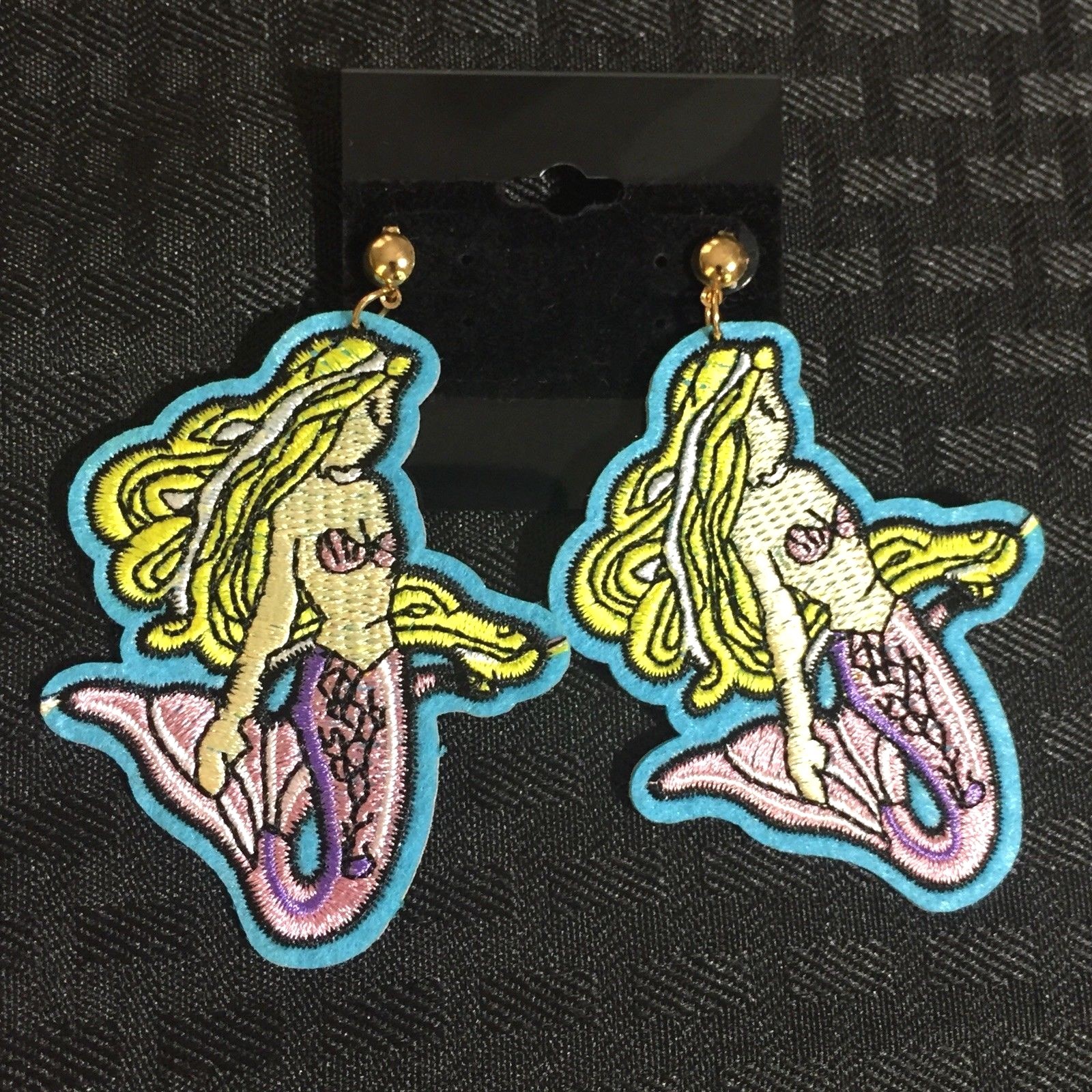 Mermaid Earrings Dangle Embroidered 2.75 in Pierced Gold Tone with ...