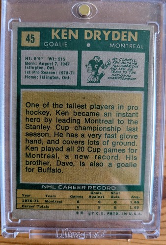 1971-72 TOPPS #45 KEN DRYDEN ROOKIE CARD Great Condition Take a Look | eBay