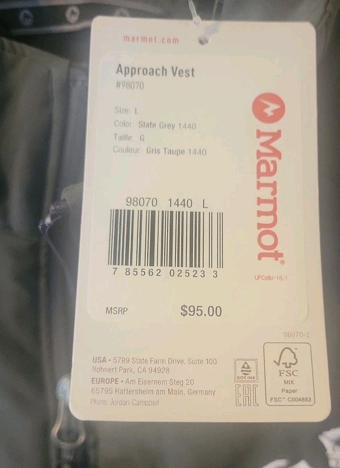 Marmot Approach Vest Soft Shell Water Repellent Full Zip Slate Gray ...