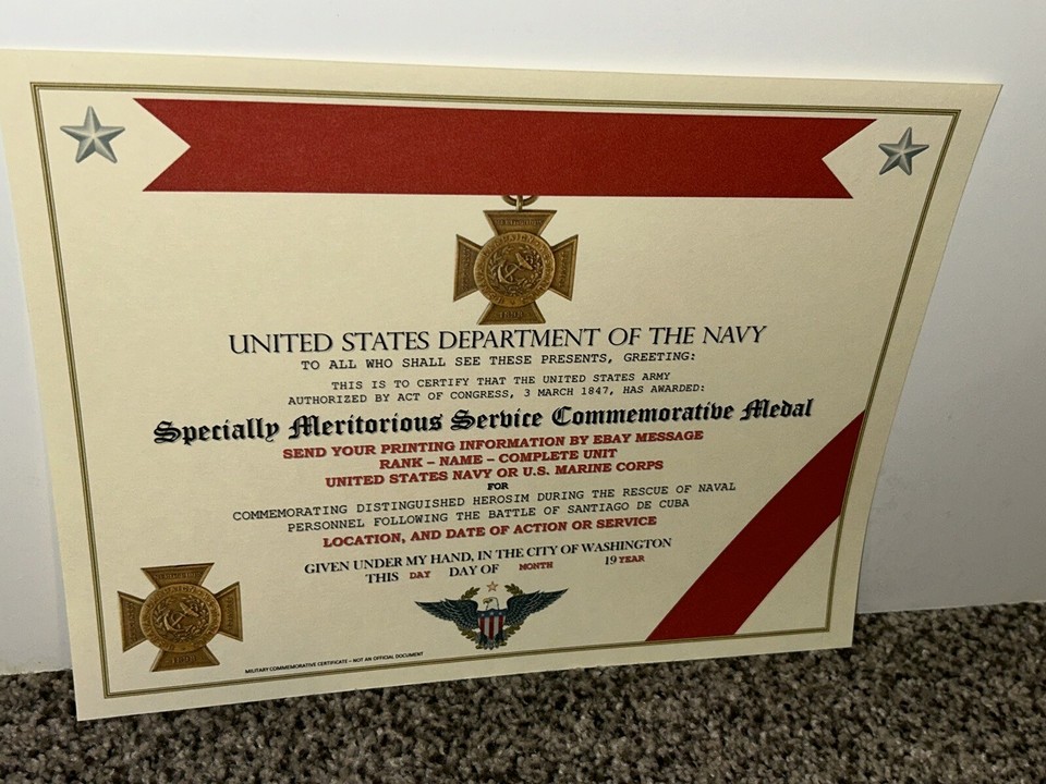 SPECIALLY MERITORIOUS SERVICE COMMEMORATIVE MEDAL CERTIFICATE ~ W ...