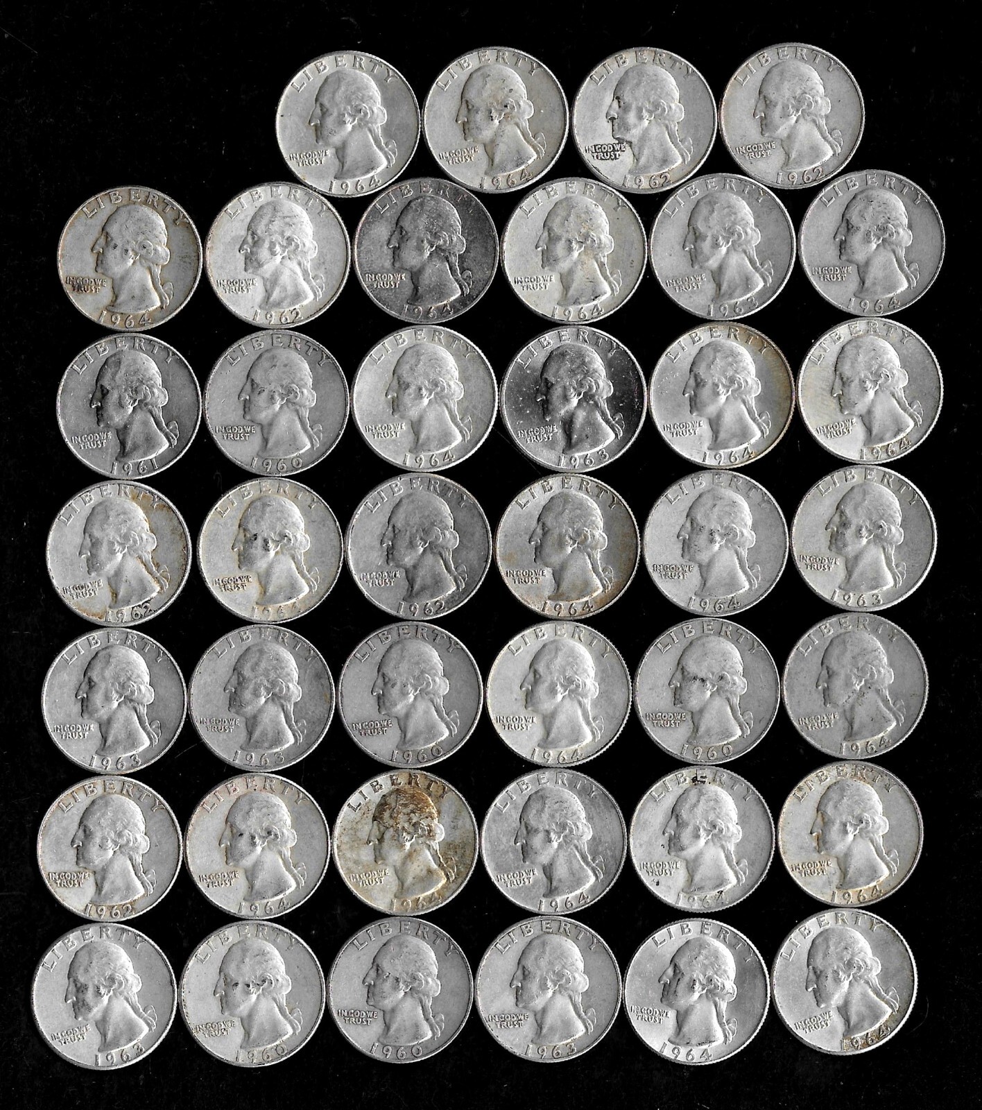 ONE ROLL OF WASHINGTON QUARTERS (1960-64) 90% SILVER (40 COINS) LOT B40 ...