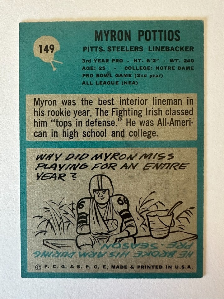 1964 Philadelphia Myron Pottios Signed Card Auto Autograph NFL Steelers ...