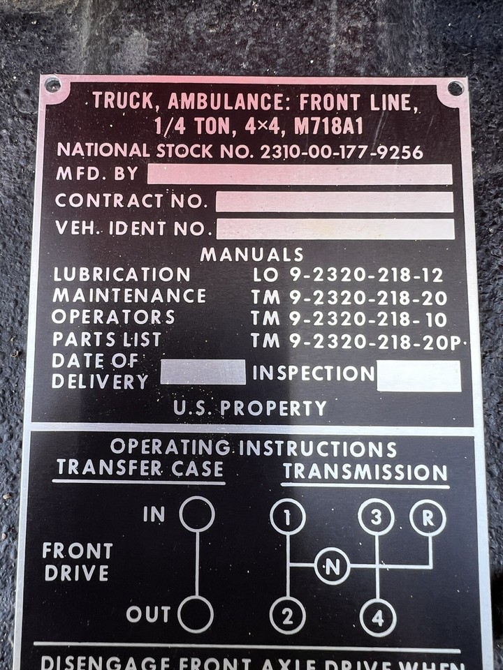 NOS MUTT M718A1 TRUCK AMBULANCE FRONT LINE OPERATING DATA PLATE HARD TO ...