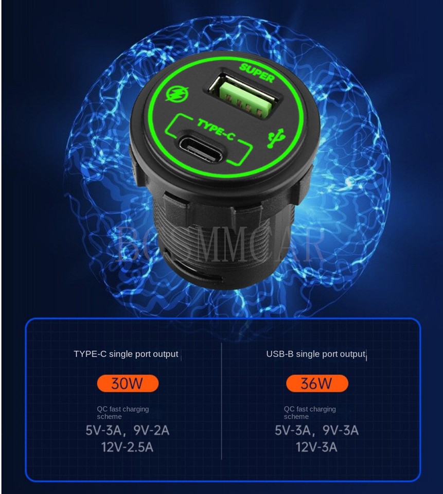 USB Phone Charge Socket For Car Motorcycles Fast Charging Type C ...