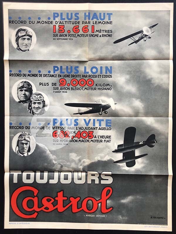 CASTROL Huile Aviateur Avion Blériot Hydravion AVIATION PECNARD Affiche ...